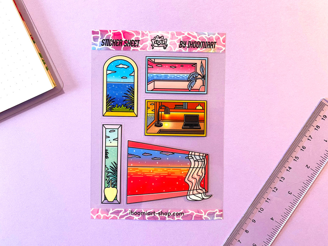 Clear Sticker Sheet | Vaporwave window, view & ocean – IhoomiArt Shop